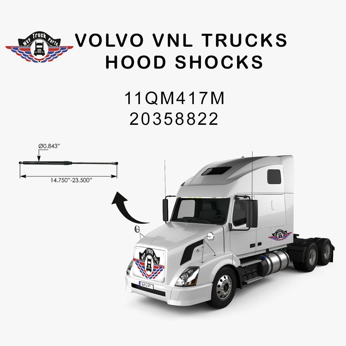 MVP Hood Shock Compatible with Volvo VNL & Mack Trucks Replaces 11QM41 ...